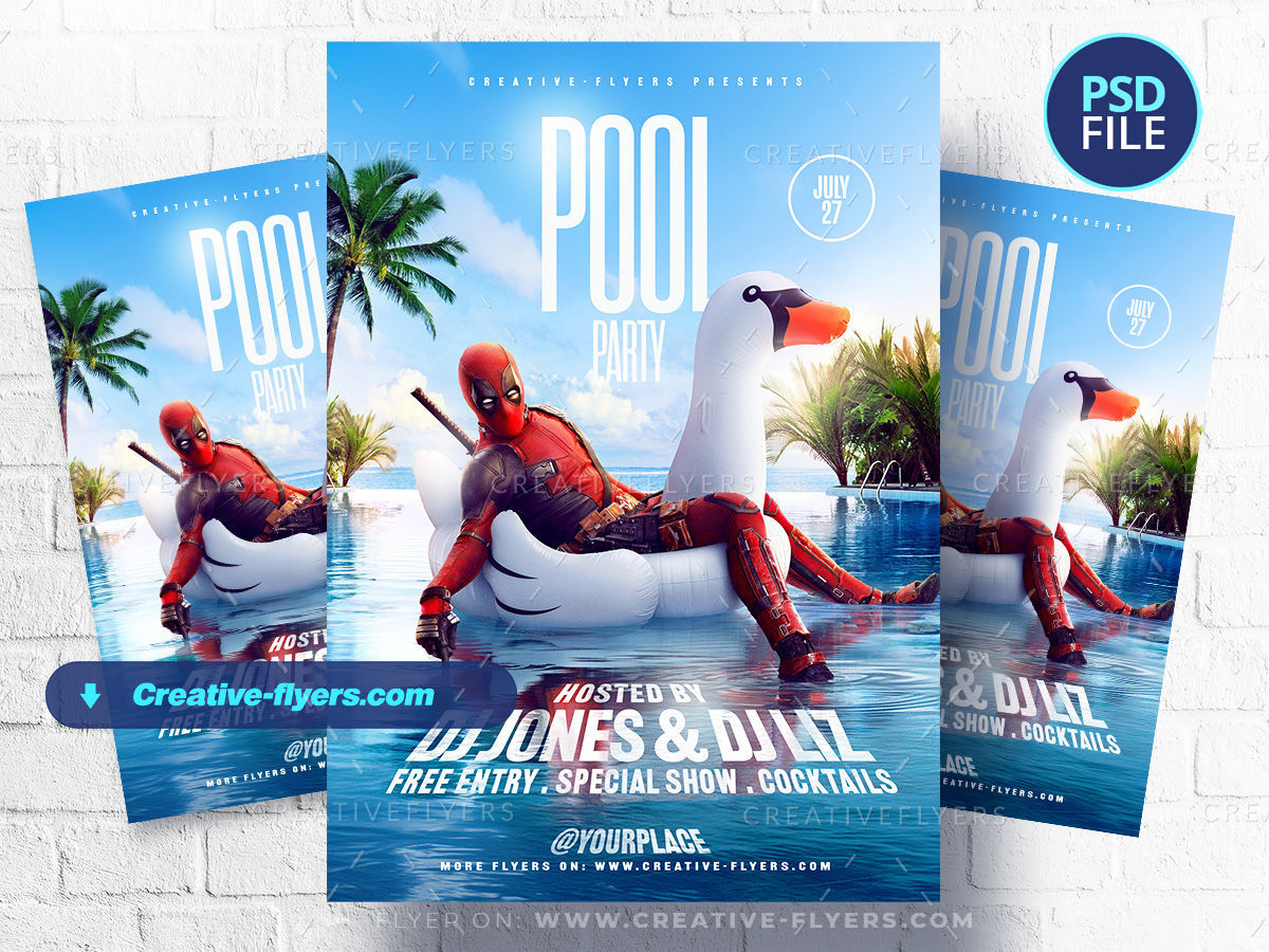 Pool Party Flyer Design with character Deadpool - Creative Flyers